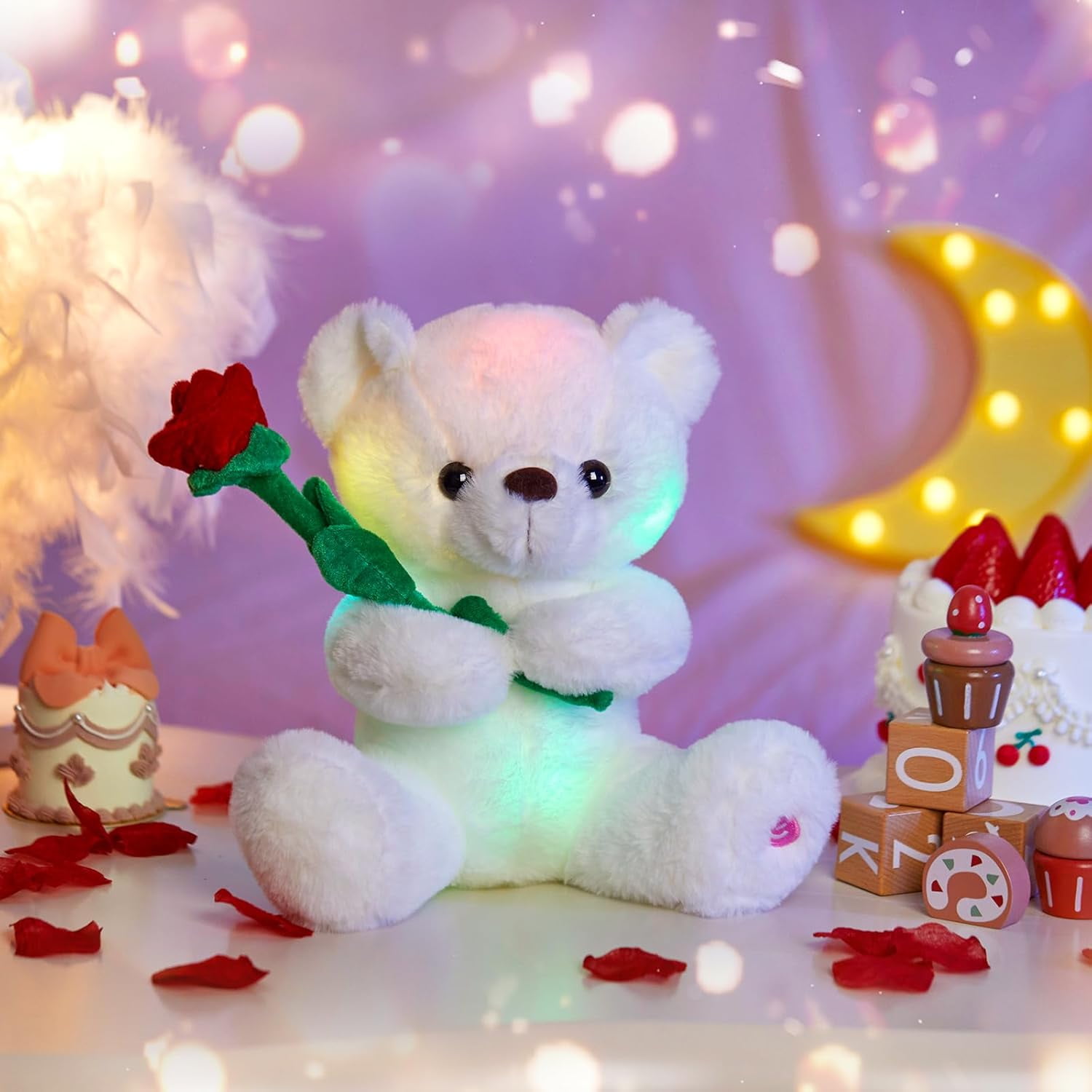 Houwsbaby Glow Teddy Bear with Rose White Bear Stuffed Animal Soft ...