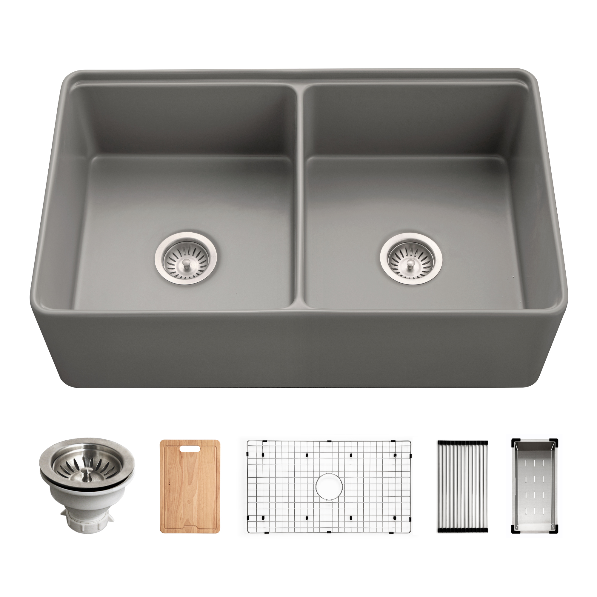 Houzer Aspire 33 in Matte Gray Fireclay Apron Front Farmhouse 50/50 Double Bowl Workstation Sink ...