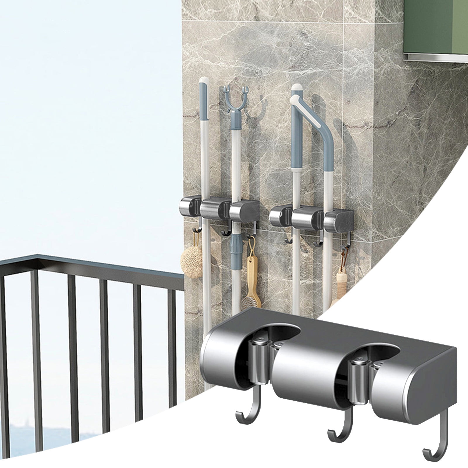 Hovmgk Wall Mounted Mop & Broom Rack Organizer, Black/Gray Plastic Tool Storage Rack for Kitchen ...