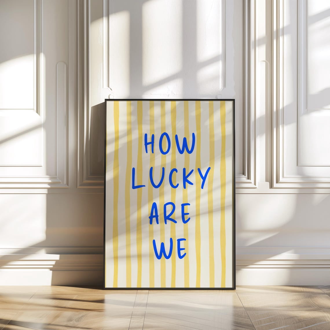How Lucky Are We Quote Wall Art Preppy Yellow Stripe Retro Typography ...