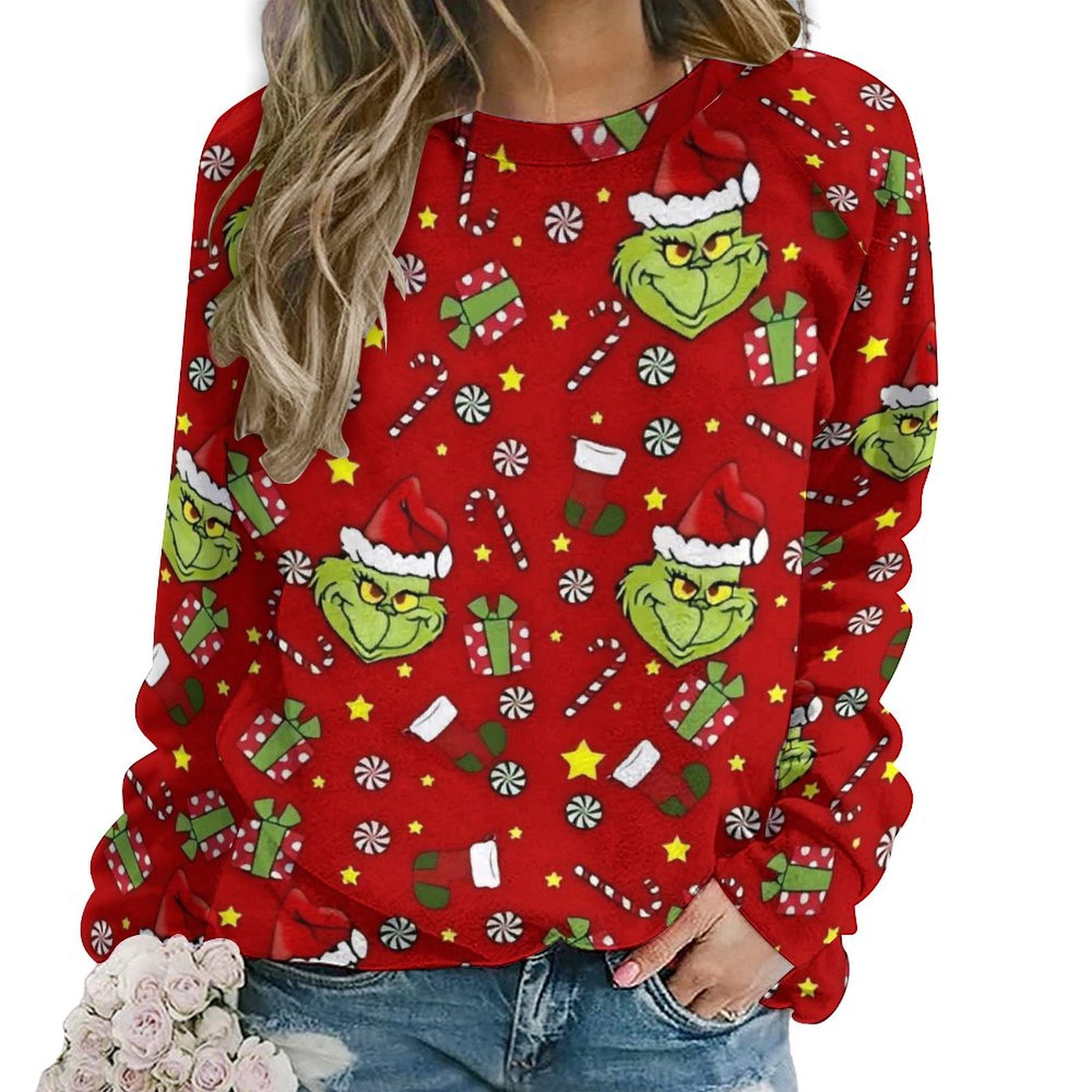 How The G.rinch Stole Women's tops cartoon round neck sweatshirt 2XL ...