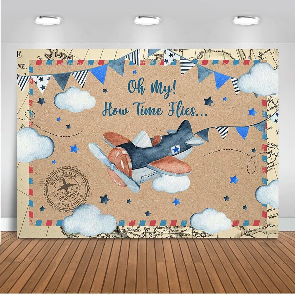 How Time Flies Backdrop Vintage Airplane Boy Pilot Birthday Decorations ...