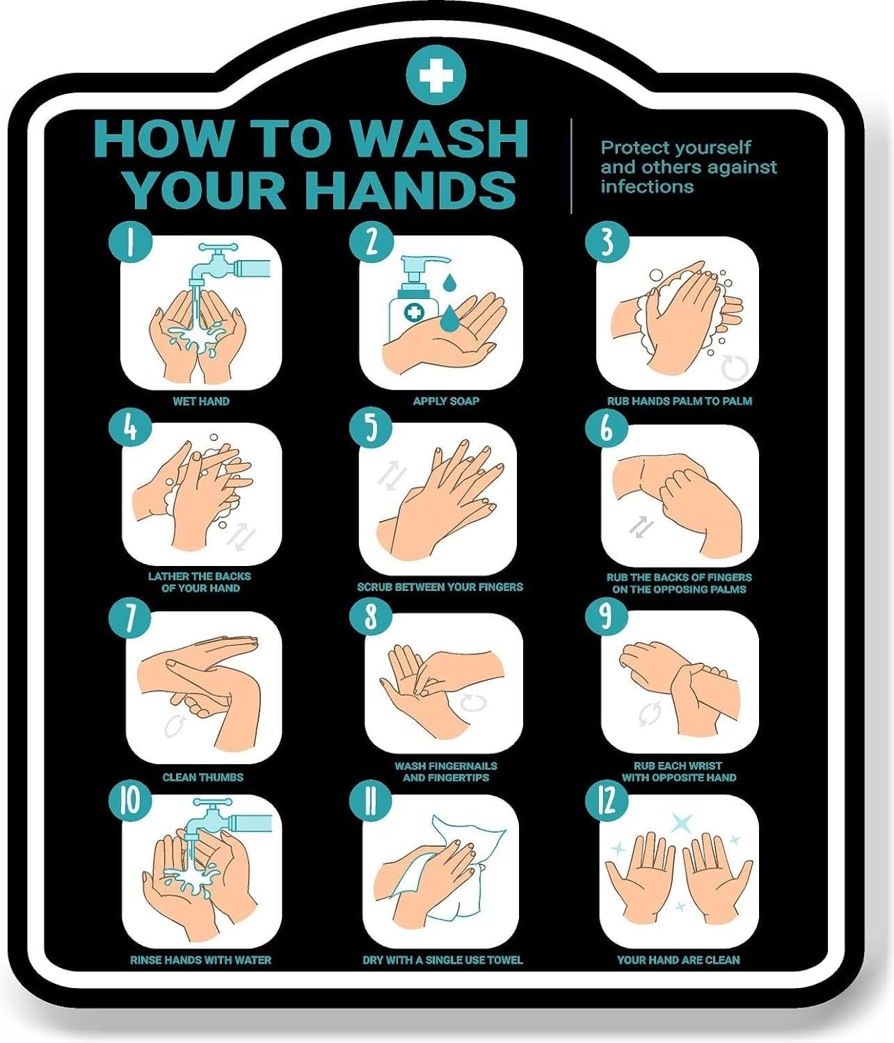 How To Wash Hands Bathroom Sanitary BLACK Aluminum Composite Sign 20 ...