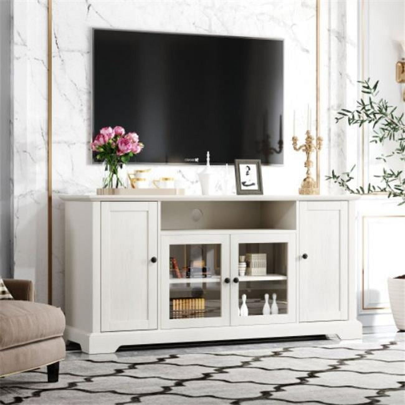 HowCool WF007 65 in.TV Stand for TV Up To with 2 Tempered Glass Doors ...
