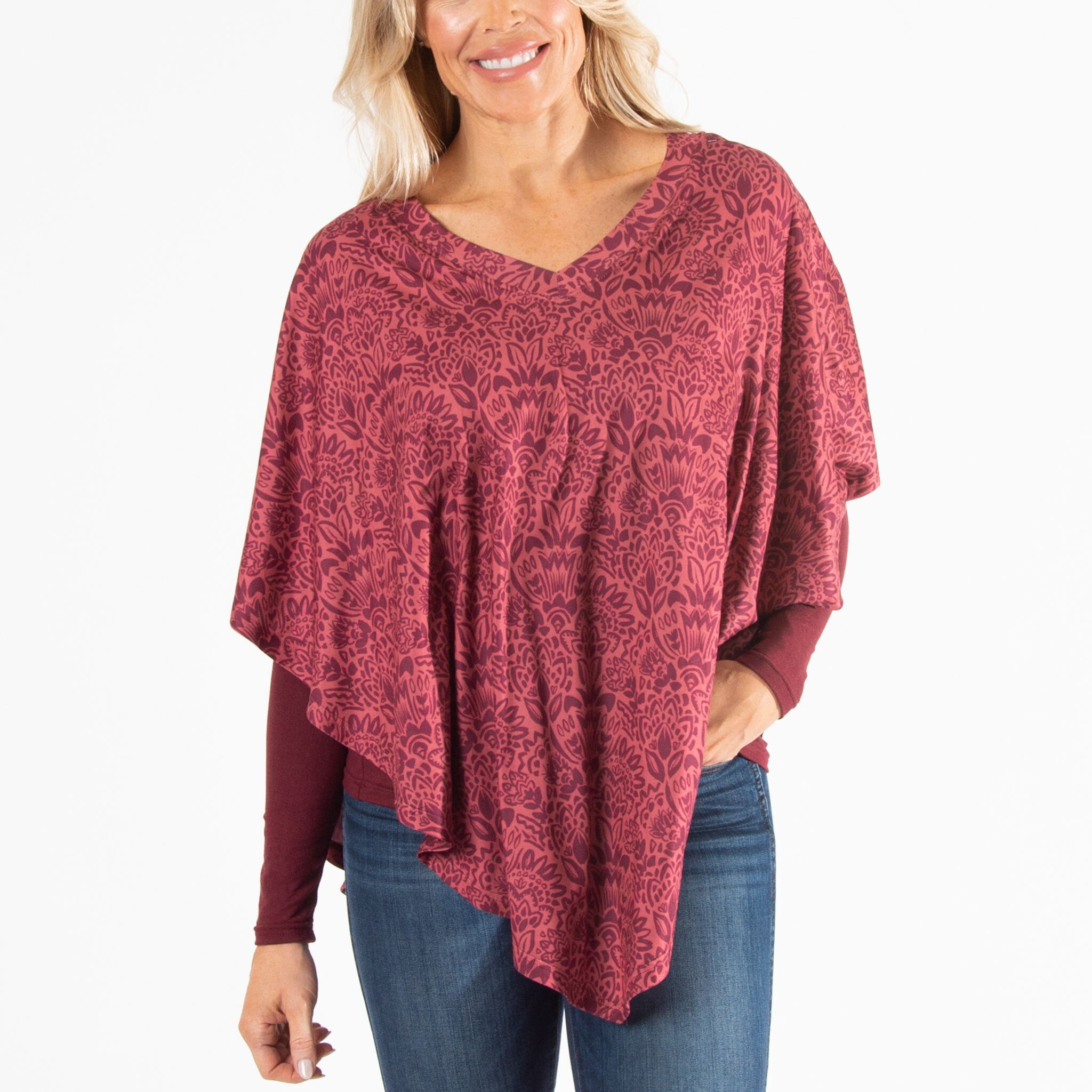 Howard's S/M Bordeaux Brushed Jersey V-Neck Long Sleeve Poncho Top for ...