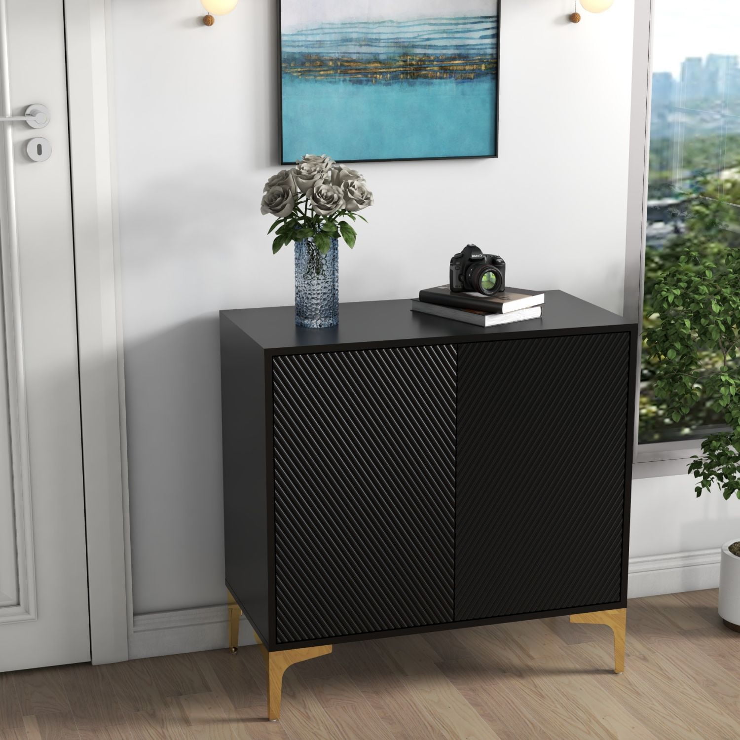 Howcool Black Narrow Sideboard Entry Cabinet with 2 Doors Mid Century Modern Buffet Wood Cabinet with Storage