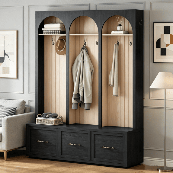 Howcool Farmhouse Hall Tree with Arched Design,8 Hooks & Storage Bench ...