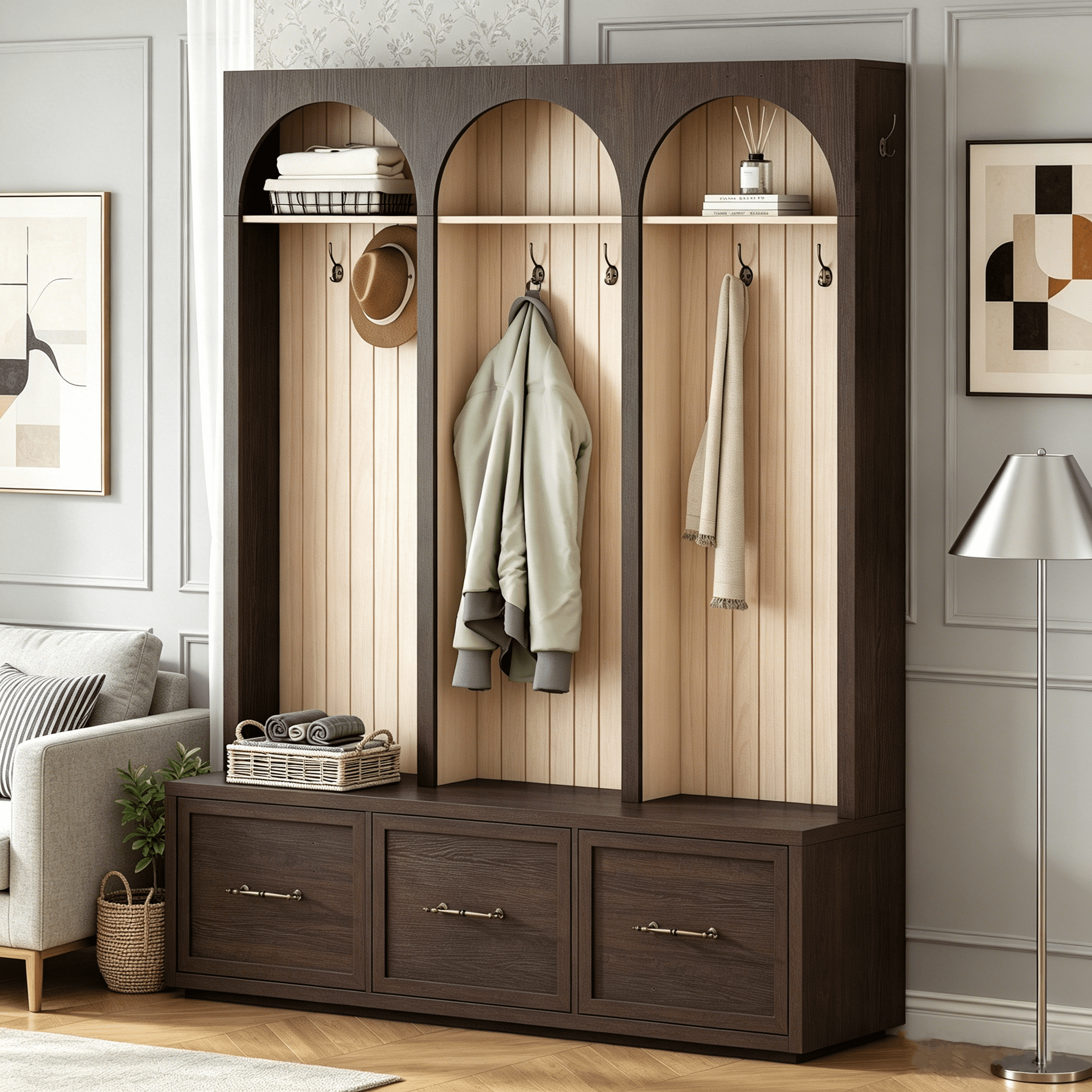 Howcool Farmhouse Hall Tree with Arched Design,8 Hooks & Storage Bench ...