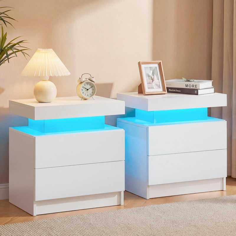 Howcool LED Nightstand Set of 2, 2 Drawer Bedside Side Table with LED ...