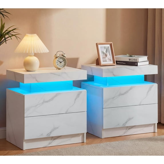 Howcool Night Stand Set 2 LED Nightstand with 2 Drawers Bedside Table ...