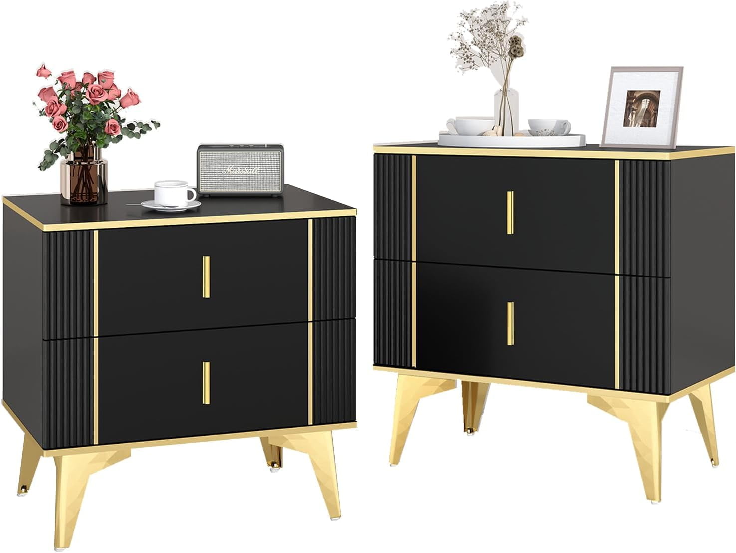 Howcool Set of 2 Black Modern Nightstand Bedside Table Wood with Metal ...