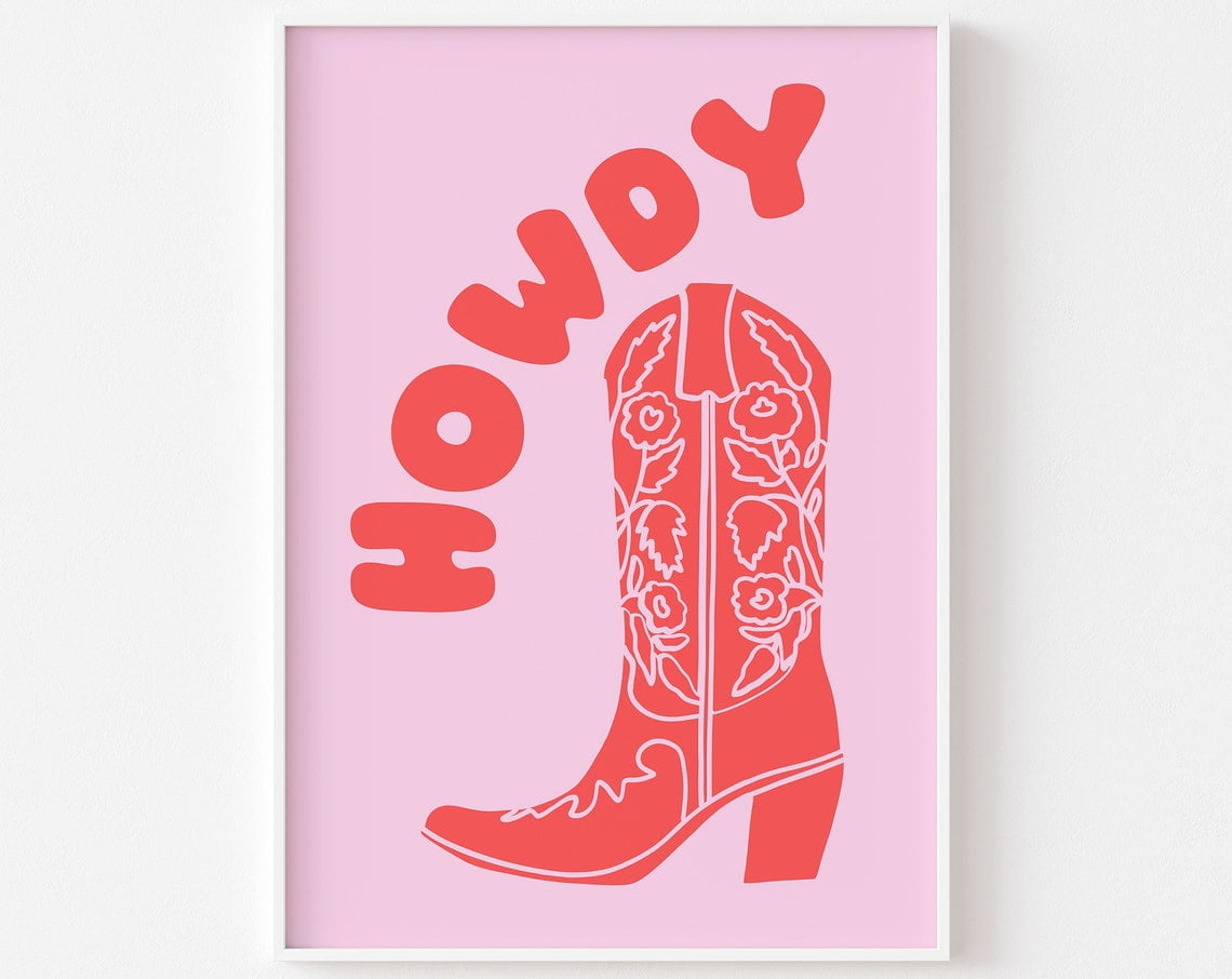 Howdy Cowgirl Boots Print - Cowgirl, Western Preppy Aesthetic, Pink Red ...