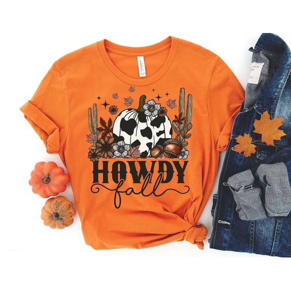Howdy Fall Cow Print Pumpkin TShirt Thanksgiving Tee - Walmart.com