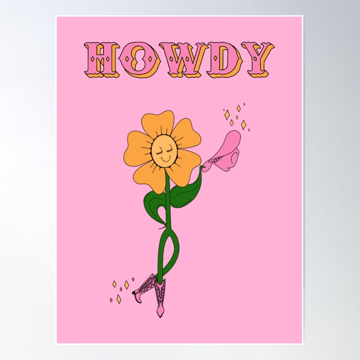 Howdy Flower With Cowboy Hat And Cowboy Boots Pink Print Poster Wall ...