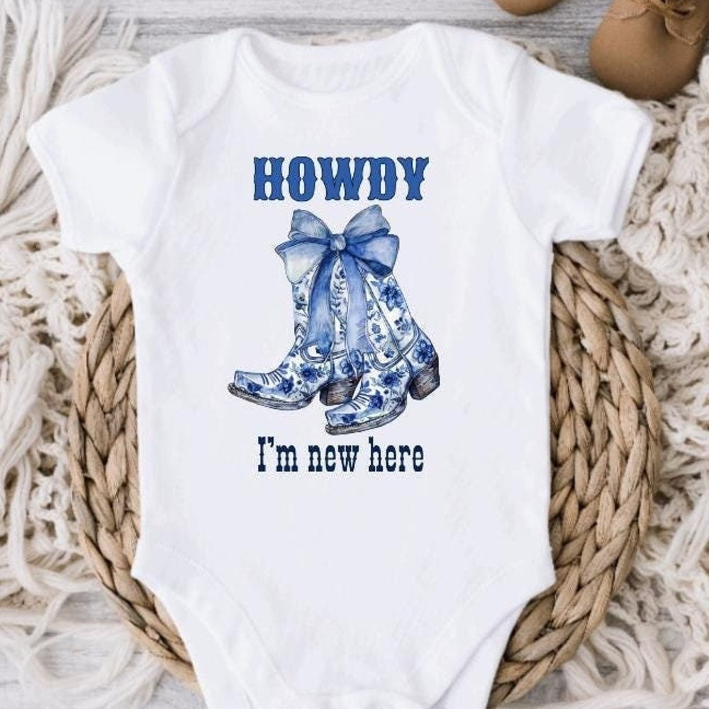 Howdy I'M New Here Baby Bodysuit, Newborn Birth Announcement Outfit, Toile Blue Western Cowboy ...