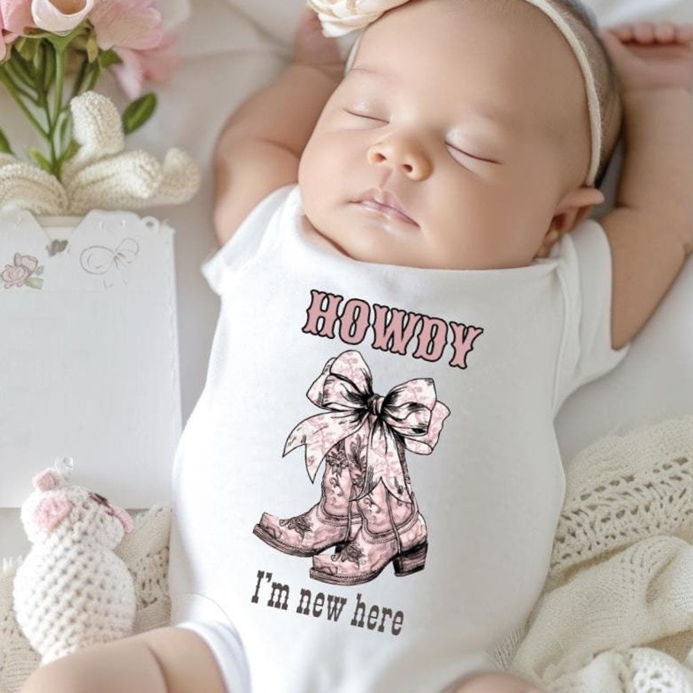 Howdy I'M New Here Baby Bodysuit, Newborn Birth Announcement Outfit, Toile Pink Western Cowboy ...
