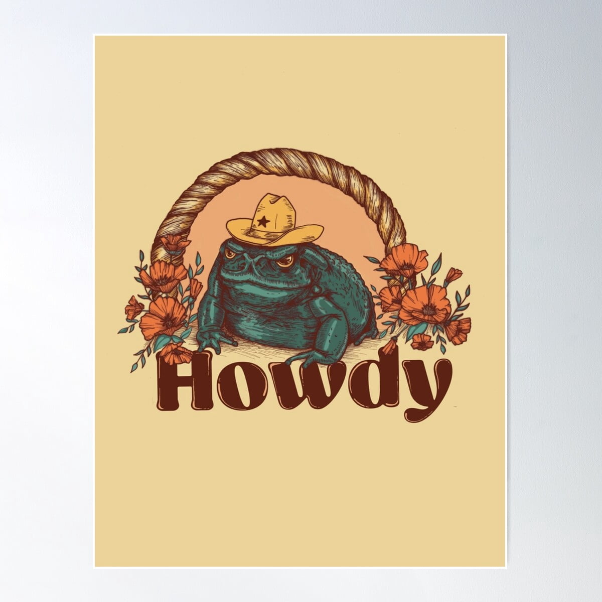 Howdy - Toad In Cowboy Hat - Retro Western Frog Illustration Poster ...