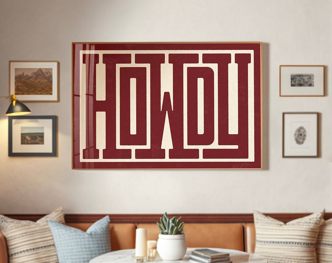 Howdy Typography Art Print Maroon, Western Decor, Southwestern Wall Art ...