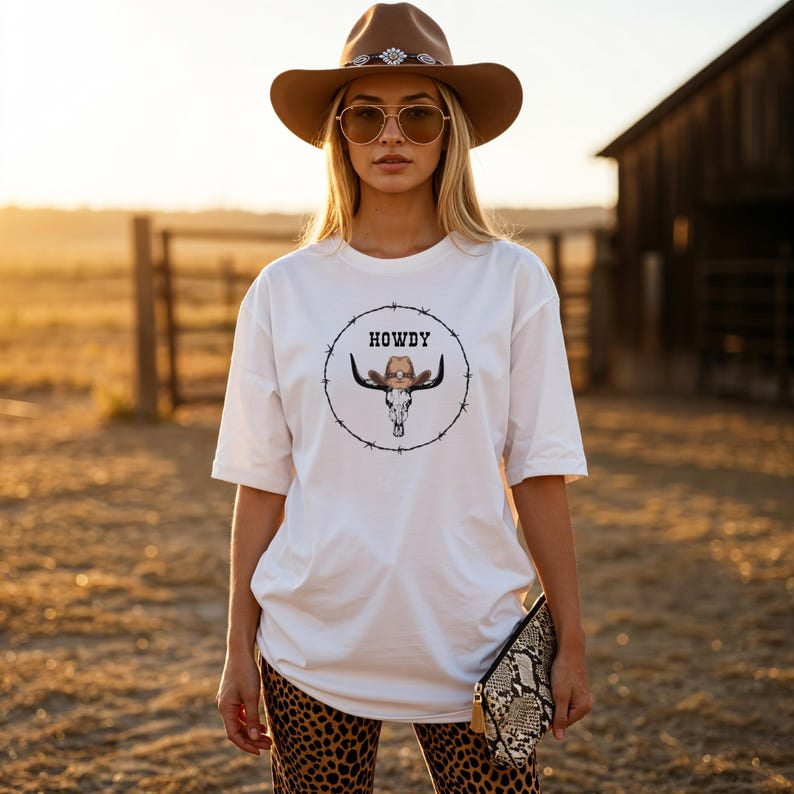 Howdy Western Cow Skull Graphic T-Shirt, Rustic Longhorn Barbed Wire ...