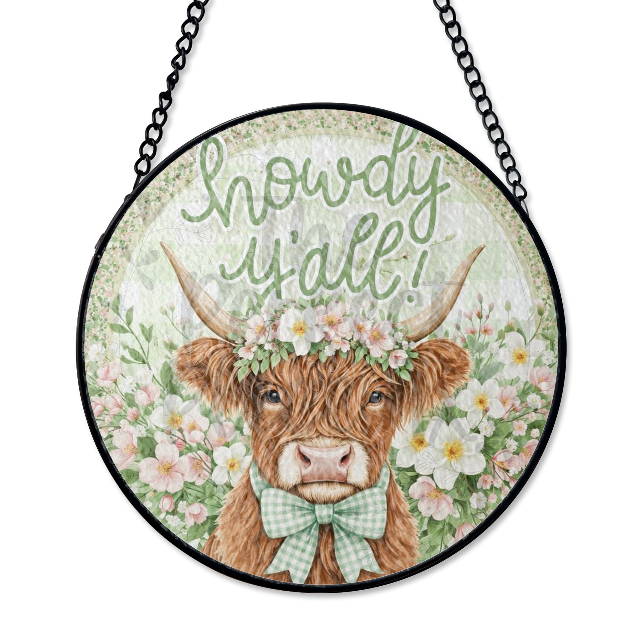 Howdy Yall Highland Cow Green Stained Glass Suncatcher UV Printed Glass ...