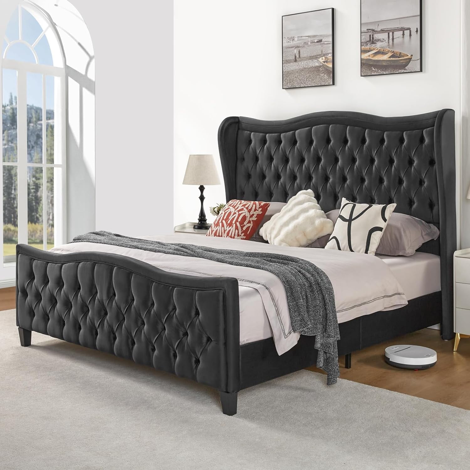Howe King Size Bed Frame, Wavy Velvet Upholstered with Fabric Headboard ...