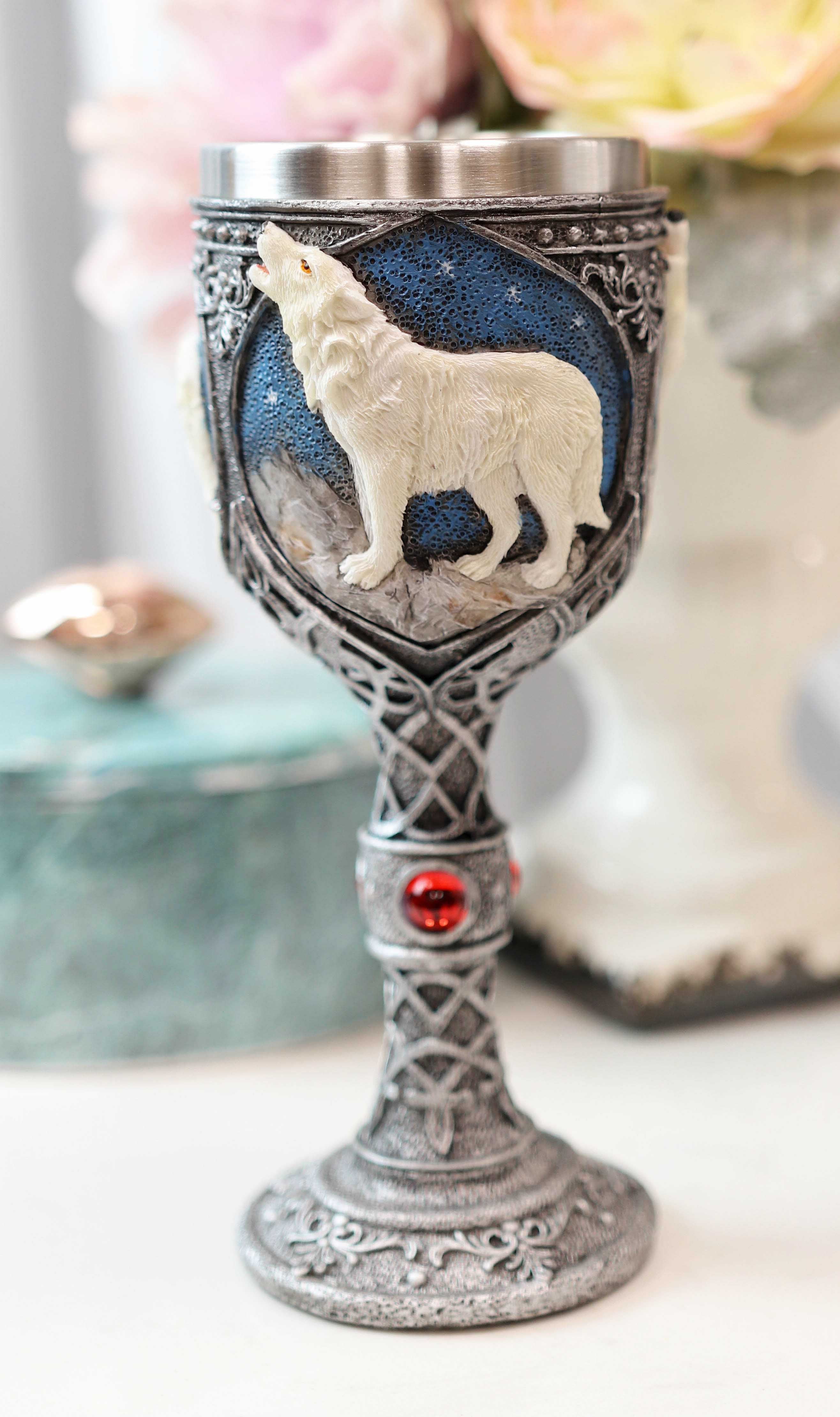 Howling White Wolf In Starry Night Wine Chalice Goblet With Celtic ...