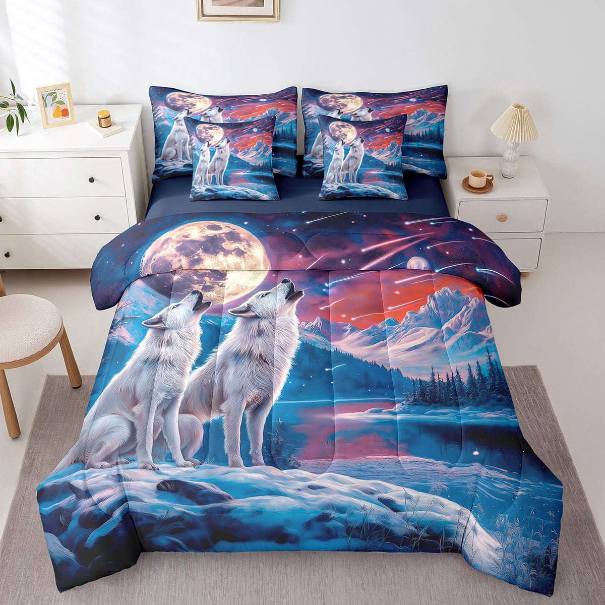 Howling Wolf 7 Pcs Comforter Set Queen Size Bed in a Bag,Snow Wolves ...