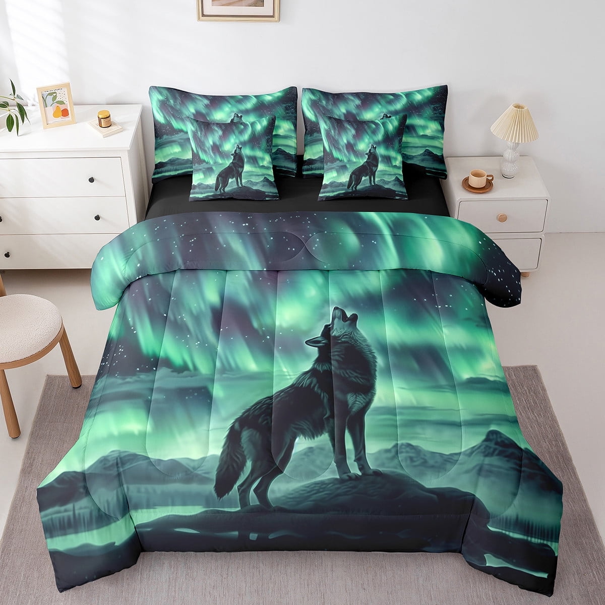 Howling Wolf 7 Piece Bed in a Bag King,Aurora Sparkle Starry Sky Galaxy ...