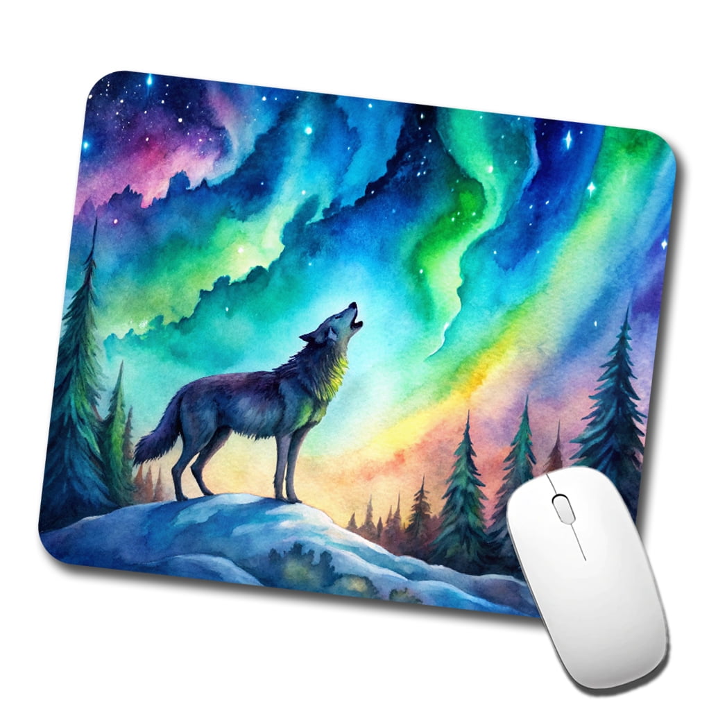 Howling Wolf And Northern Lights Watercolor Mouse Pad Low Profile ...