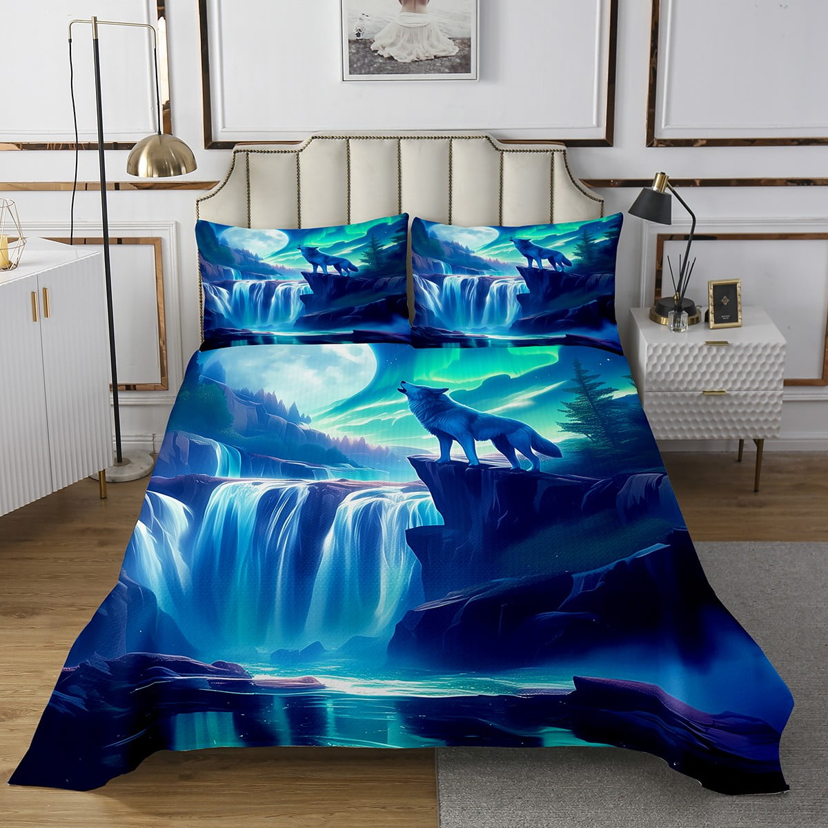 Howling Wolf Bed Set,Moonlight Aurora Bedspread Set King,Green Aurora ...