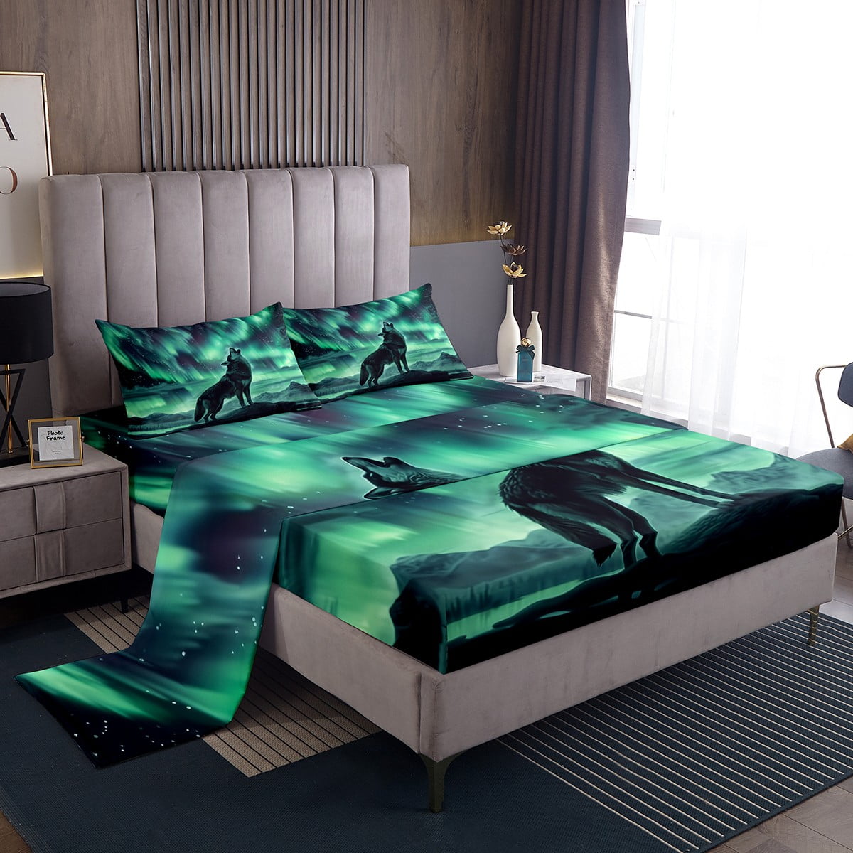 Howling Wolf Bedding Set Full,Northern Lights Aurora Bed Sheets Set ...