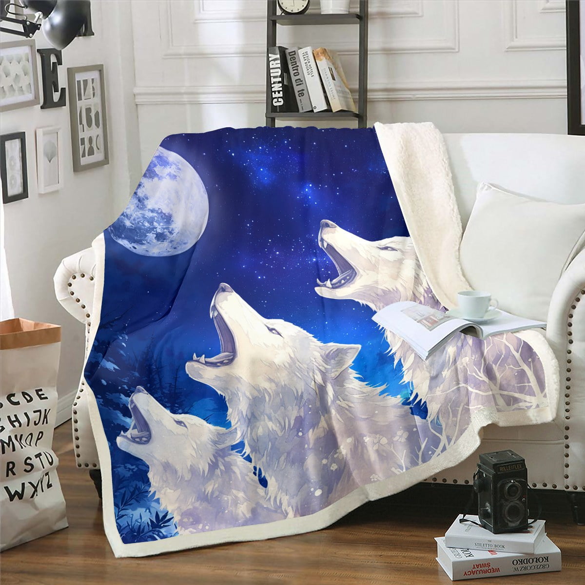 Howling Wolf Blanket for Adults Teens, Galaxy Moon Throw Fleece Blanket ...