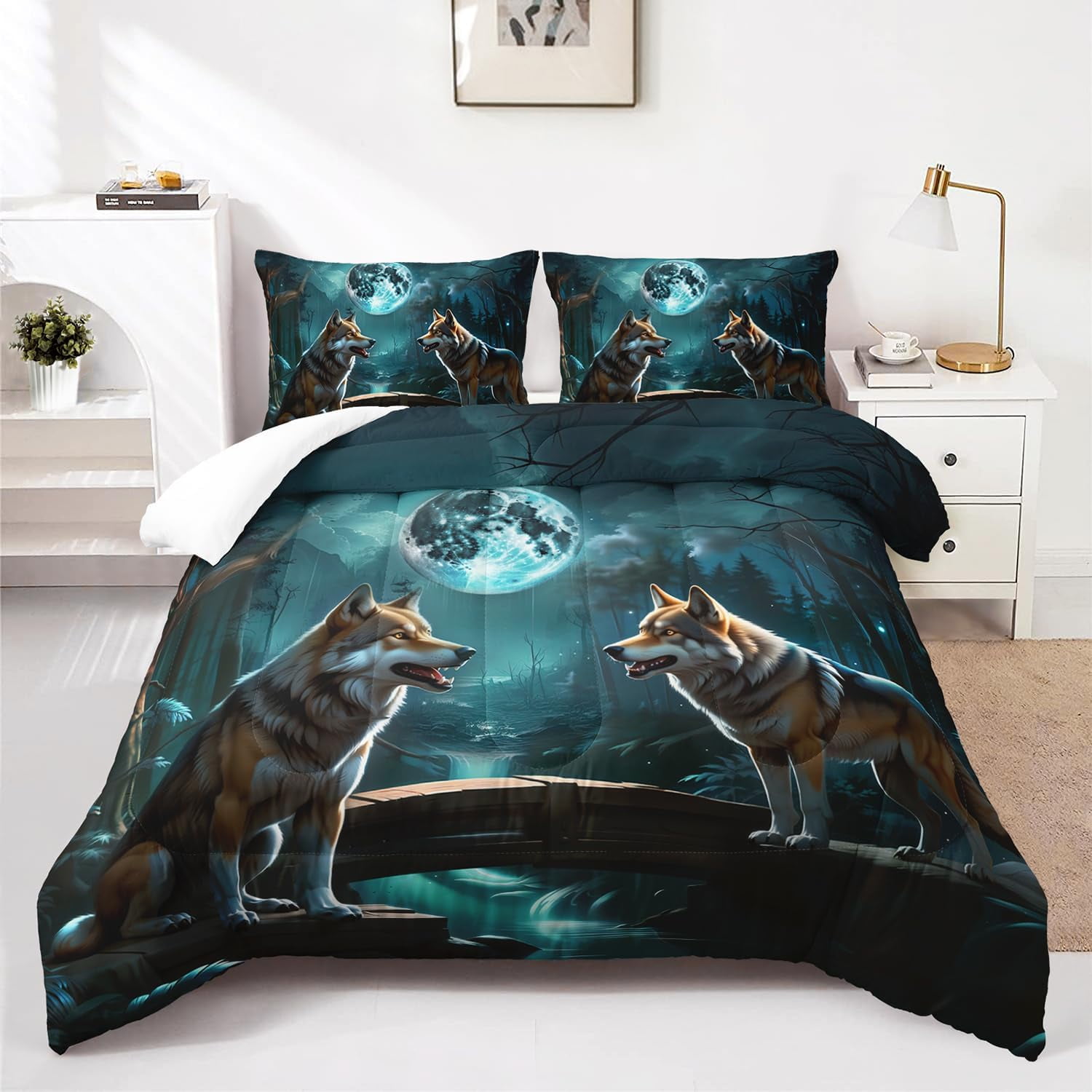 Howling Wolf Comforter Set Full Size, Black Evening Moon Wolf Bedding ...