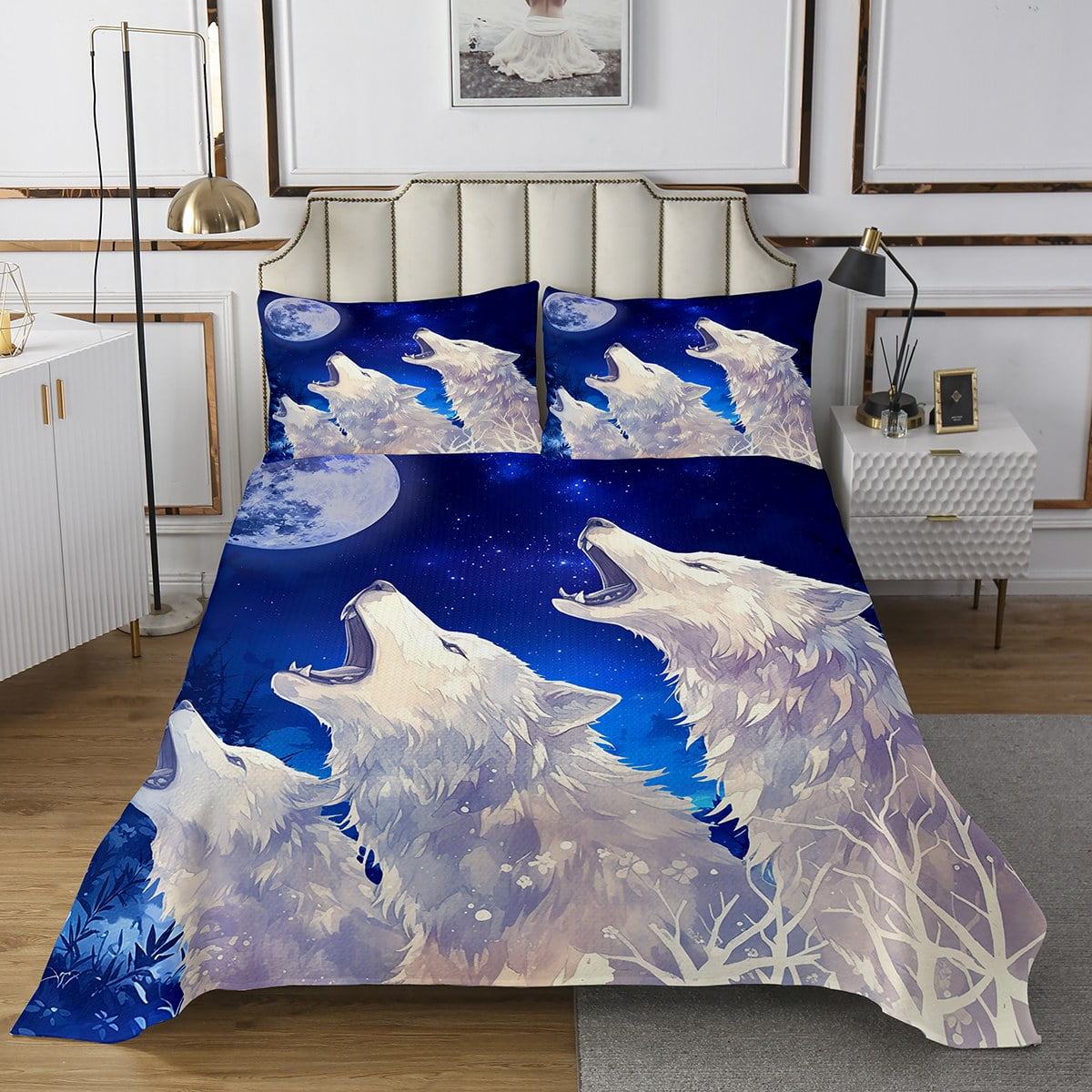 Howling Wolf Coverlet Set Teens, Galaxy Moon King Quilt Set for Teen ...
