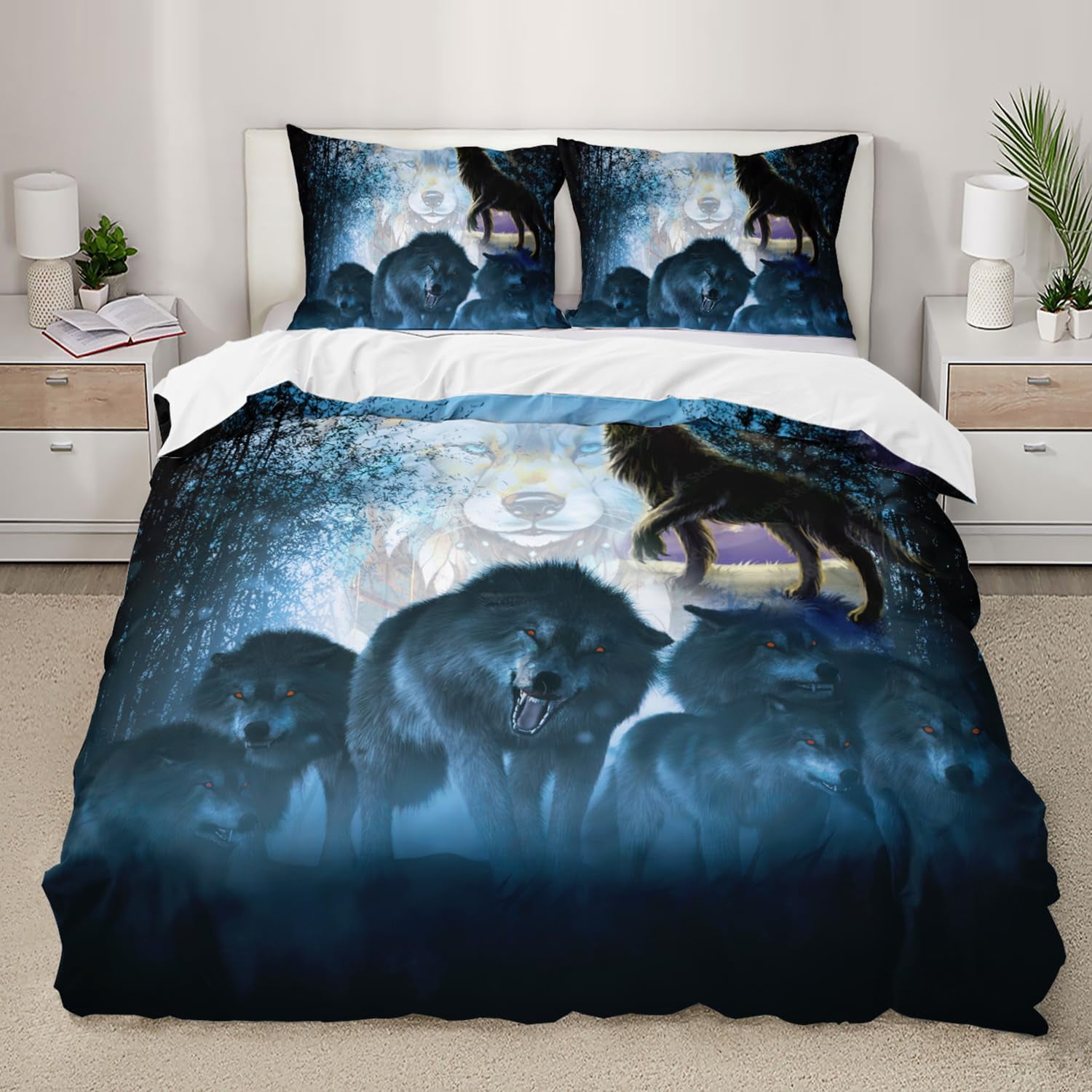 Howling Wolf Duvet Cover Set, 3D Safari Animal Wolf Bedding Set Set ...