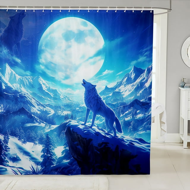 Howling Wolf Fabric Shower Curtain Boys Girls Animal Print Wolves Shower Curtain, Winter Wolf ...