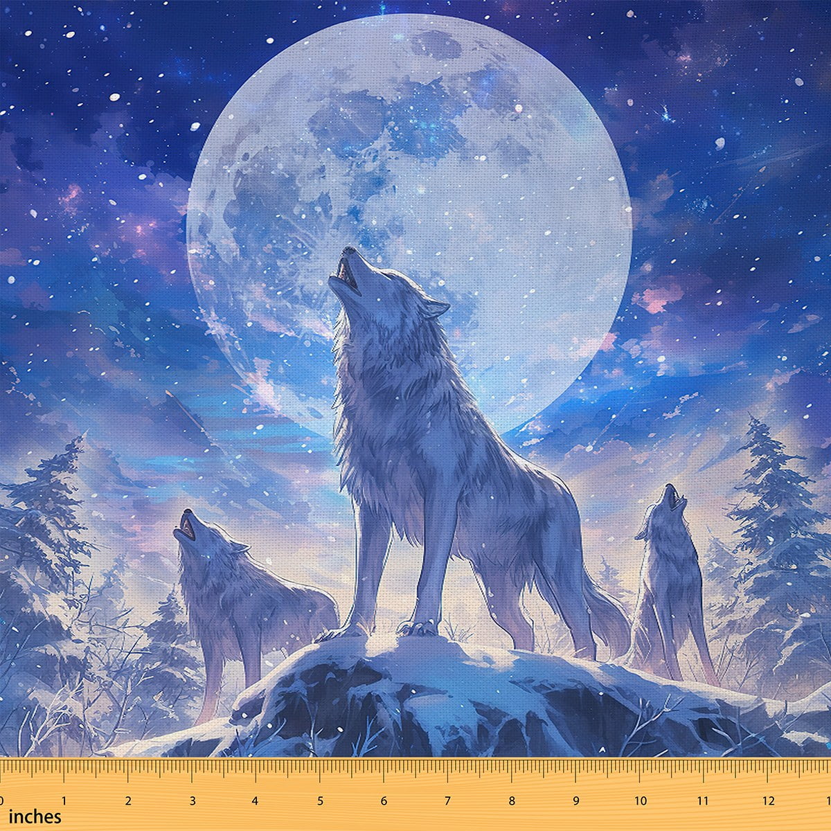 Howling Wolf Fabric By The Yard Blue Starry Sky Upholstery Fabric Wild ...