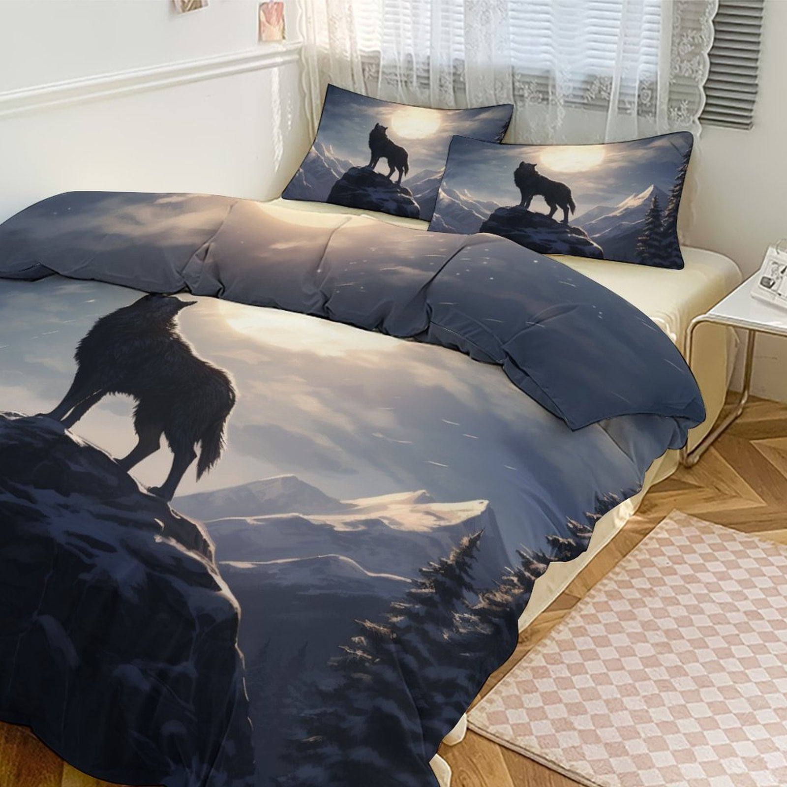 Howling Wolf Full Moon Bedding Sets Twin Duvet Cover 3 Piece Cute Bed ...
