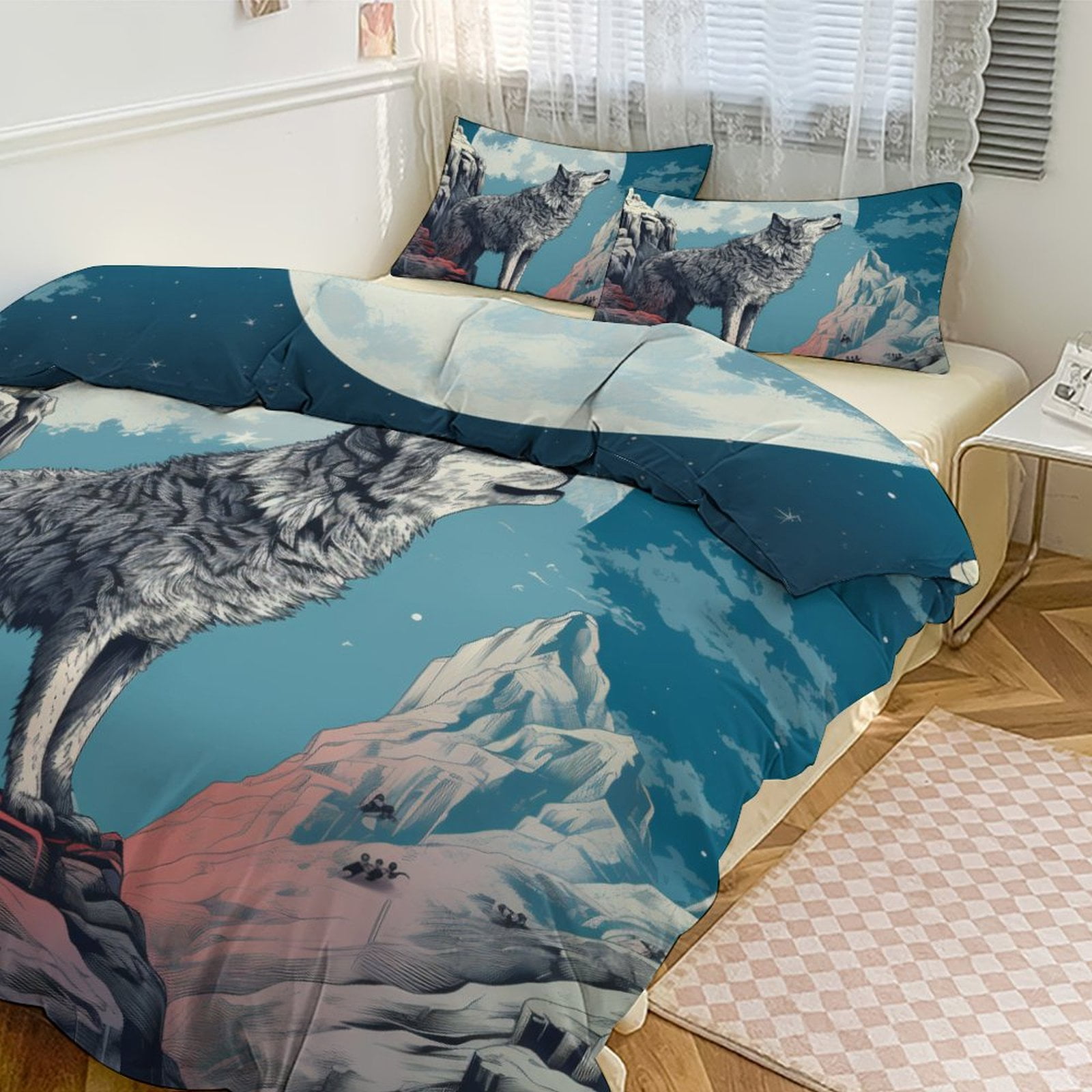 Howling Wolf Full Moon Bedding Sets Twin Duvet Cover 3 Piece Cute Bed ...
