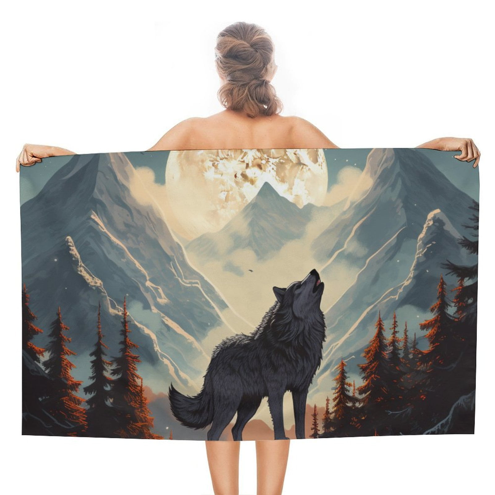 Howling Wolf Full Moon Oversized -Washed Lightweight Quick Dry Beach ...