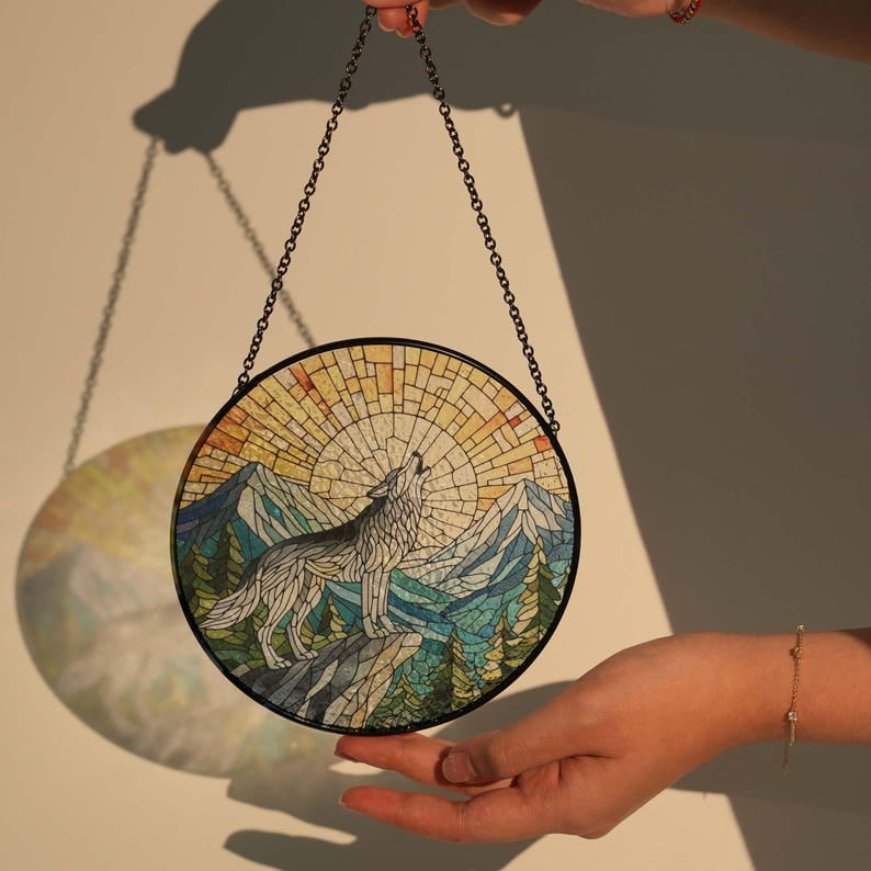 Howling Wolf GLASS Suncatcher Hanging,Wolf on cliff Window hanging ...