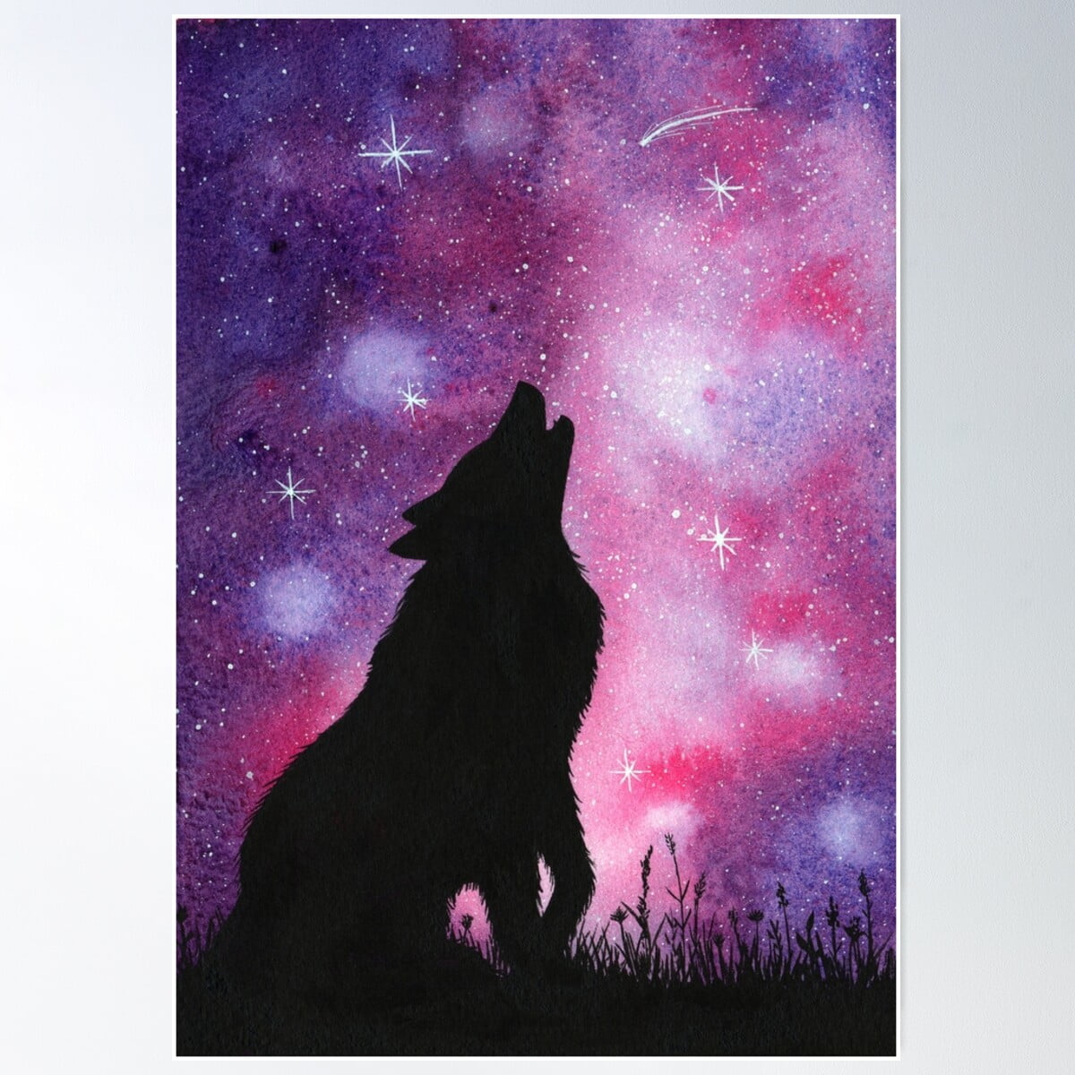 Howling Wolf Galaxy Night Sky Watercolor Poster Wall Art, Modern Wall ...