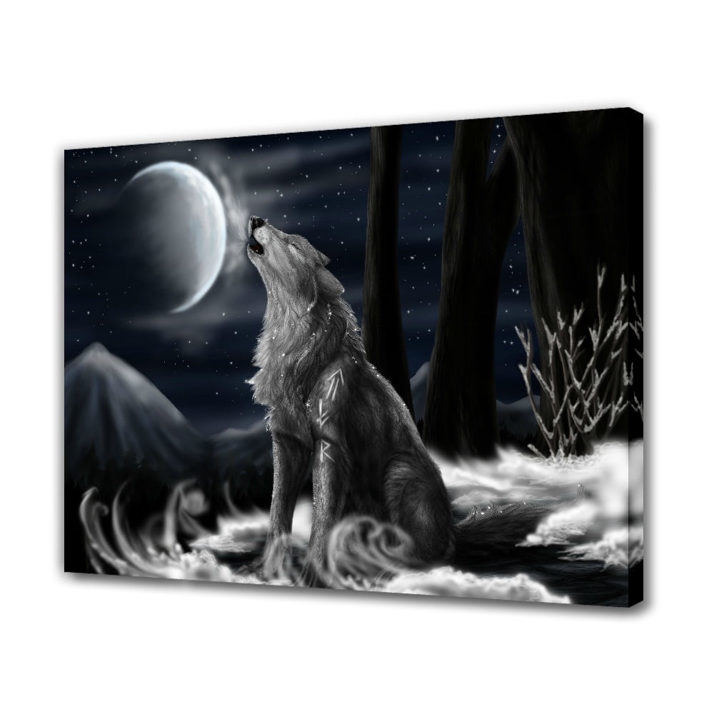 Howling Wolf Moon Night Canvas Poster Bedroom Decor Sports Landscape ...