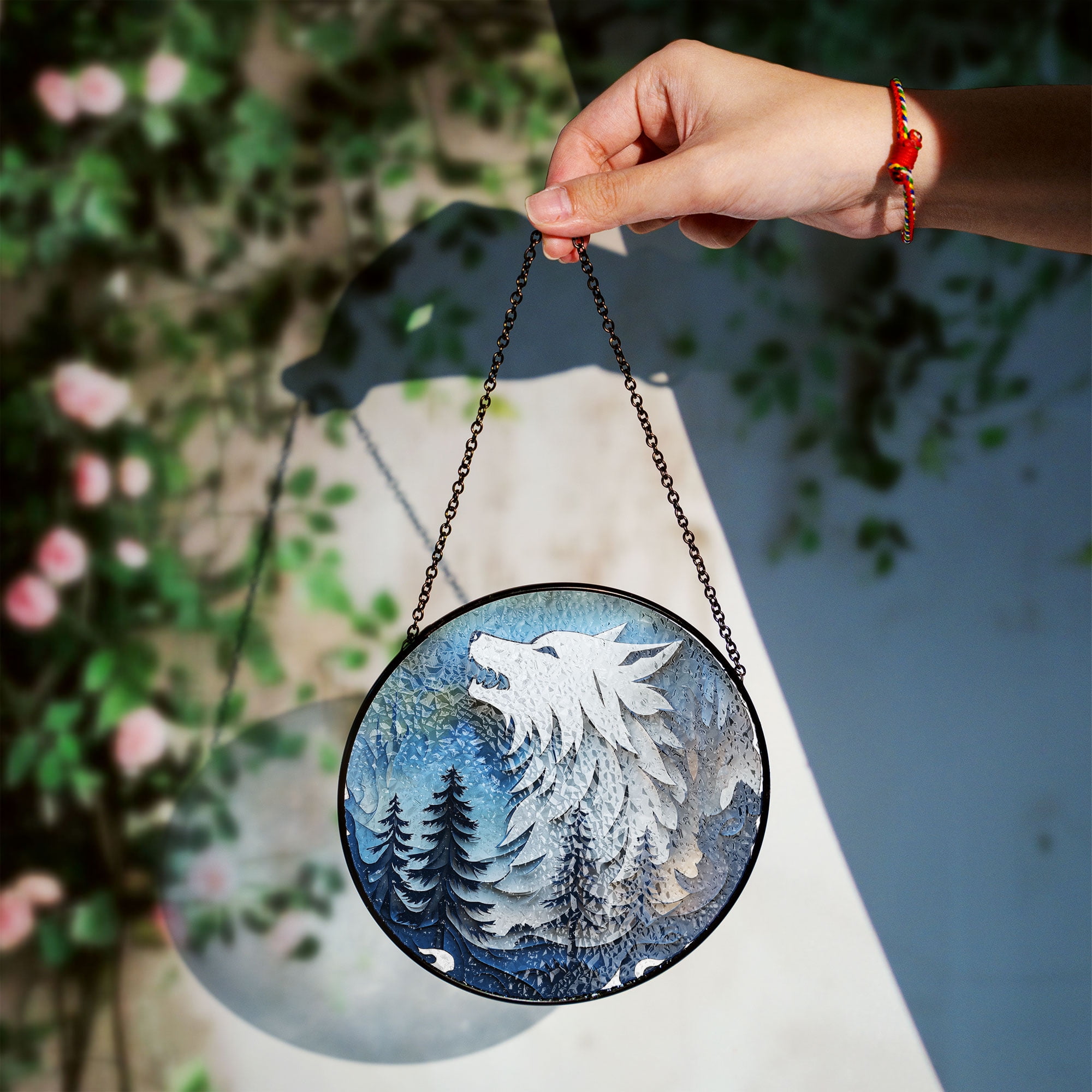 Howling Wolf Stained Glass Window Hanging - Handmade Sun Catcher ...