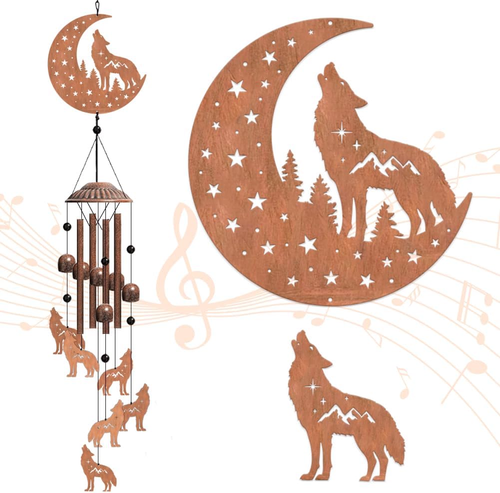 Howling Wolf Wind Chimes Moon Star Iron Bells Memorial Chimes ...