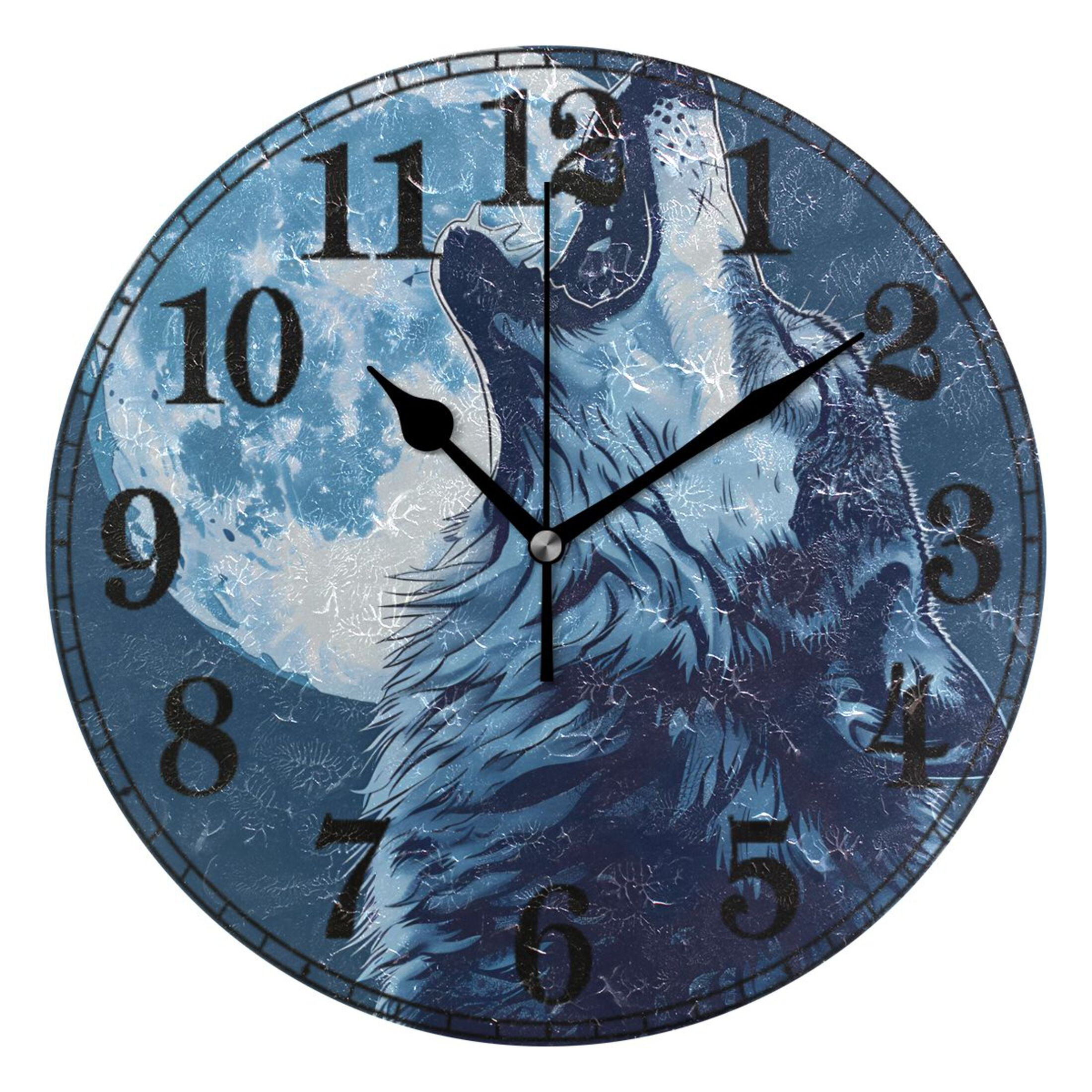 Howling Wolf and Moon Silent Wall Clock 10" Non-Ticking Battery Clock ...