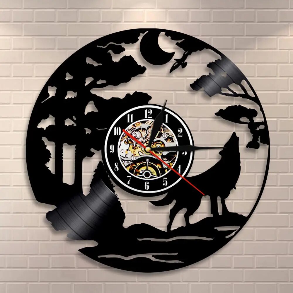 Howling Wolf at Moon Vinyl Wall Clock,Vinyl Record Clock Wall Art Black ...