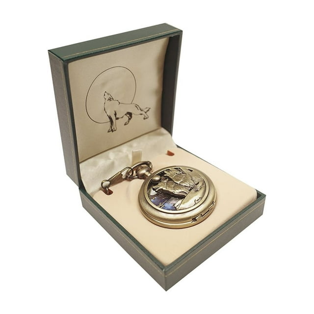 Bronze Men's Pocket Watch with Howling Wolves, Ornate Chain, Quartz ...