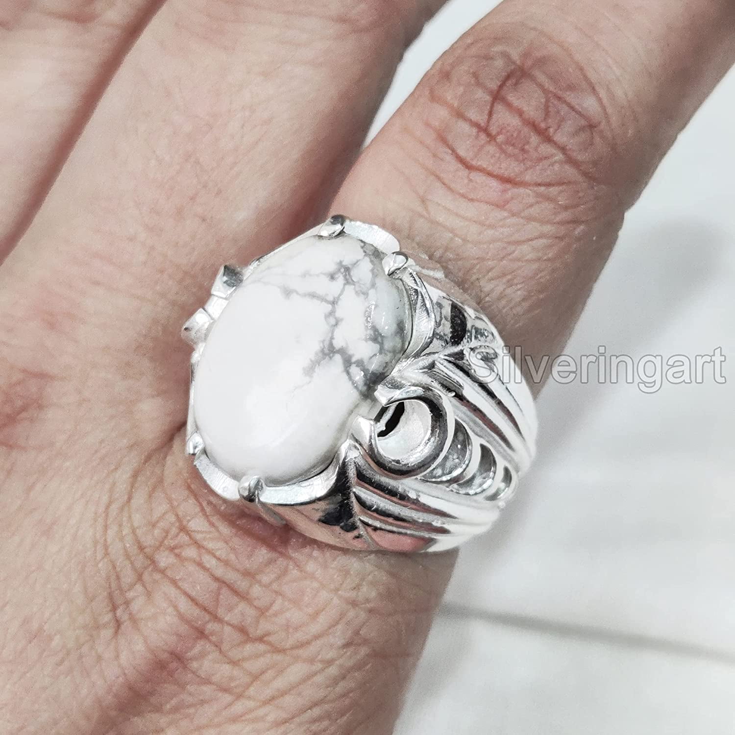 Howlite Mans Ring, Natural White Howlite Ring, Birthstone, Silver ...