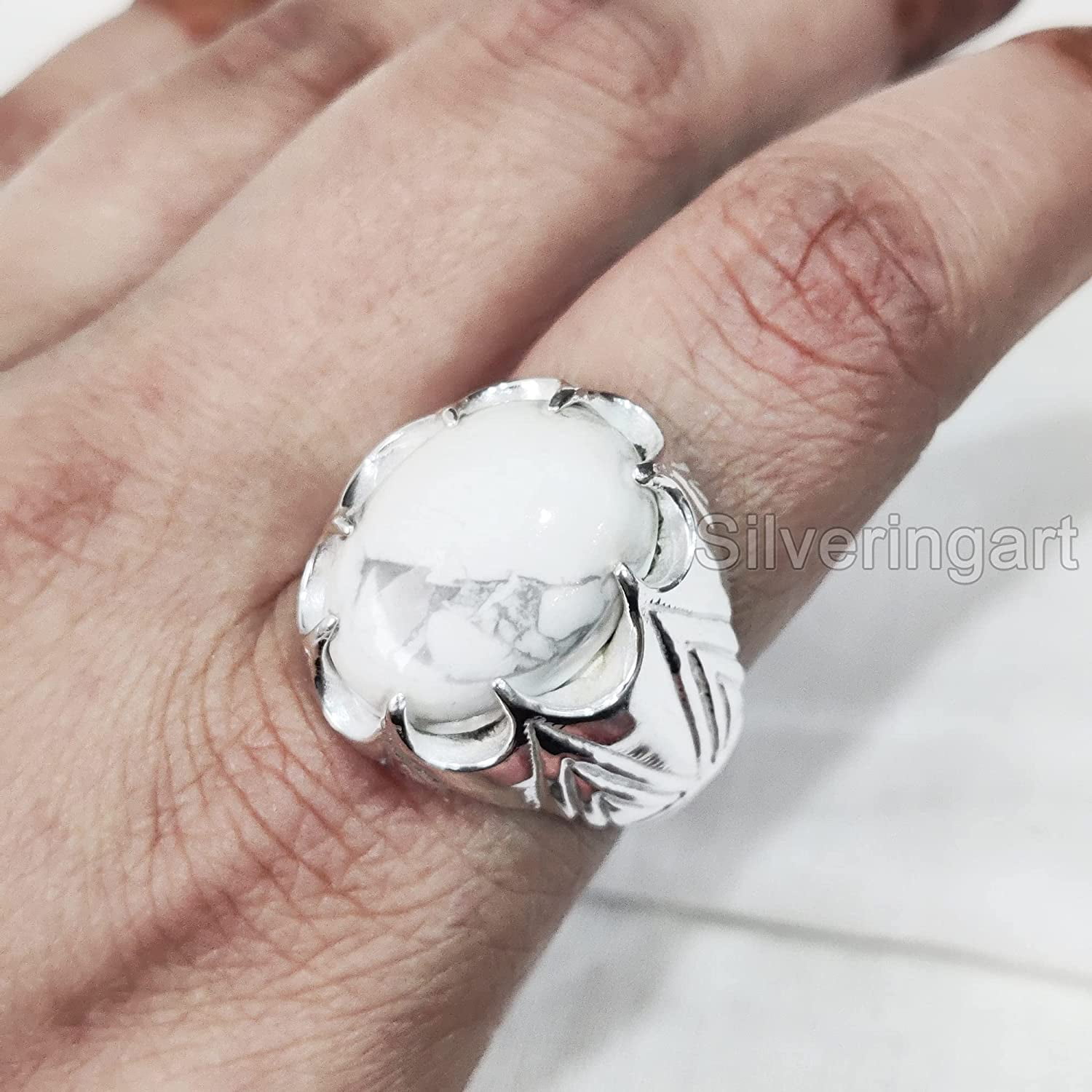 Howlite Mans Ring, Natural White Howlite Ring, Birthstone, Silver ...